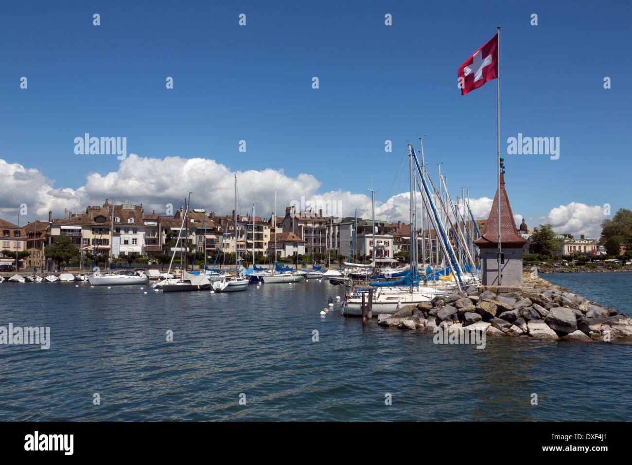 The harbor in the town of Morges on the north shore of Lake Geneva in ...