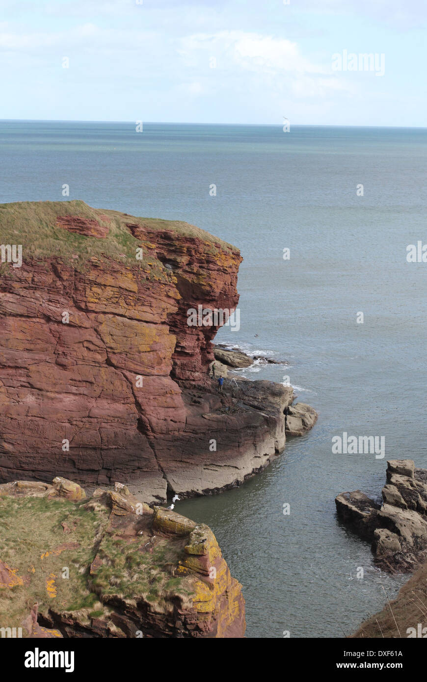 Men fishing from base of Seaton cliffs near Arbroath Angus Scotland ...