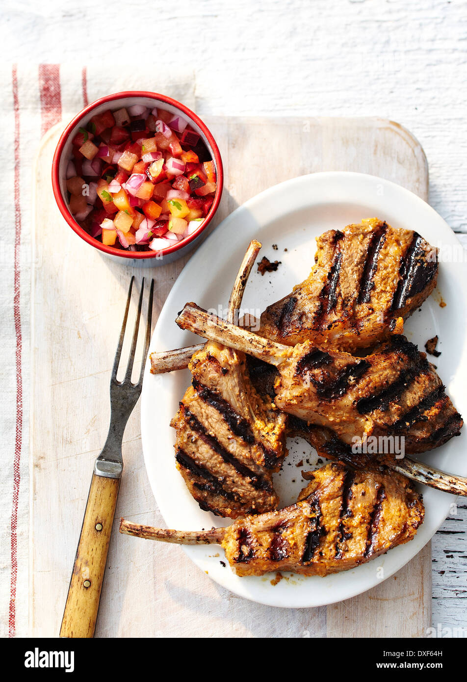 Overhead View of BBQ Lamb Chops with Salsa, Studio Shot Stock Photo - Alamy