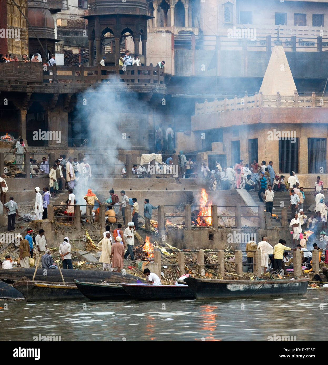 Hindu Cremation Ghats on the banks of the Holy River Ganges in Varanasi ...