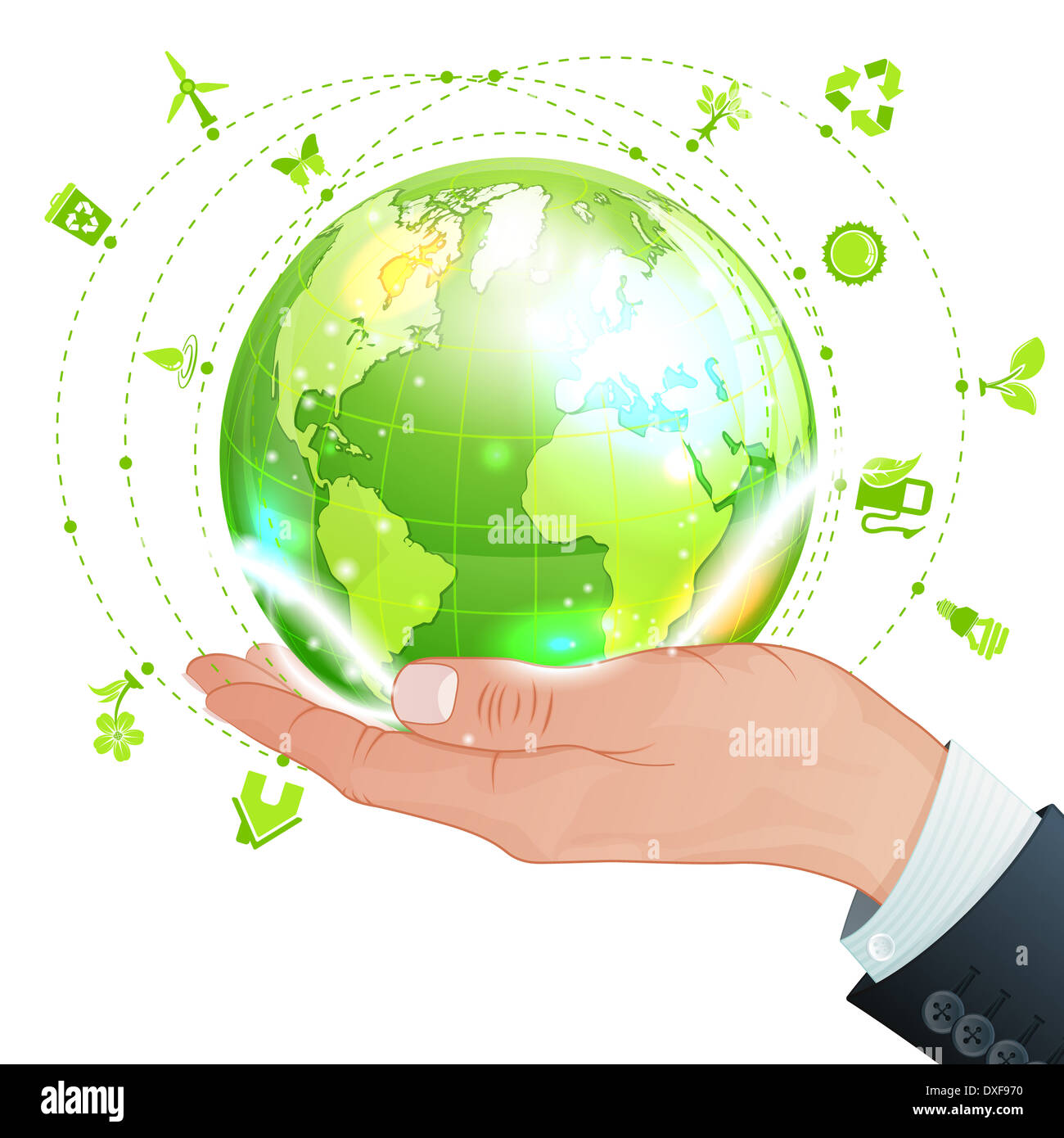 Hand with Earth and lot Environments Icons, isolated on white ...