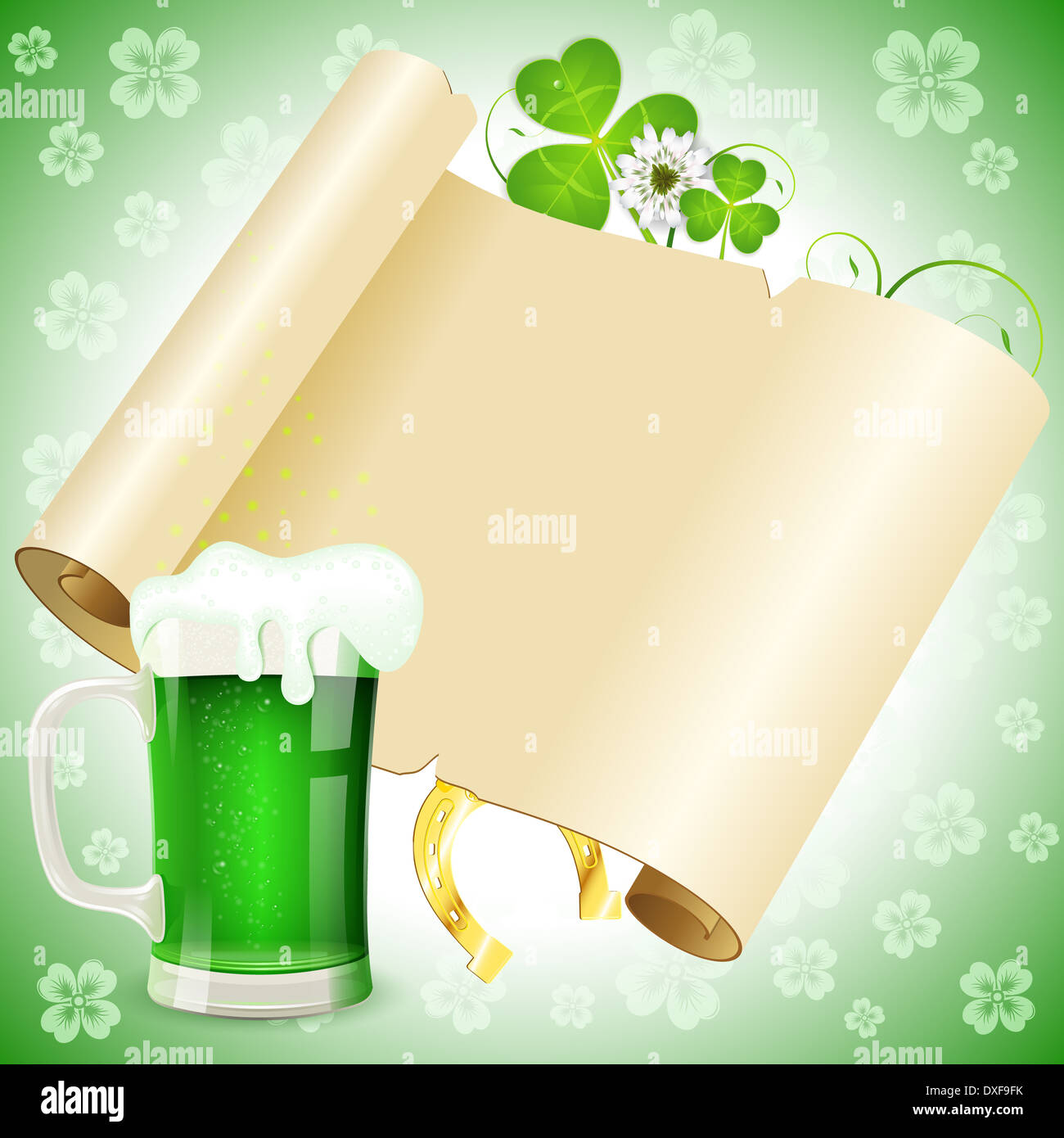 St. Patrick's Day Poster with Manuscript, Glass of Beer, Horseshoe and ...