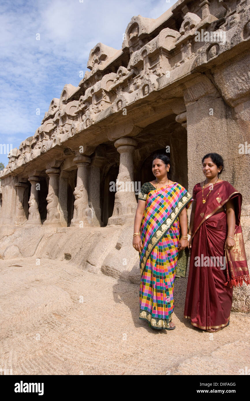 Two Indian women at the Monolithic temples of the Panch Rathas in ...