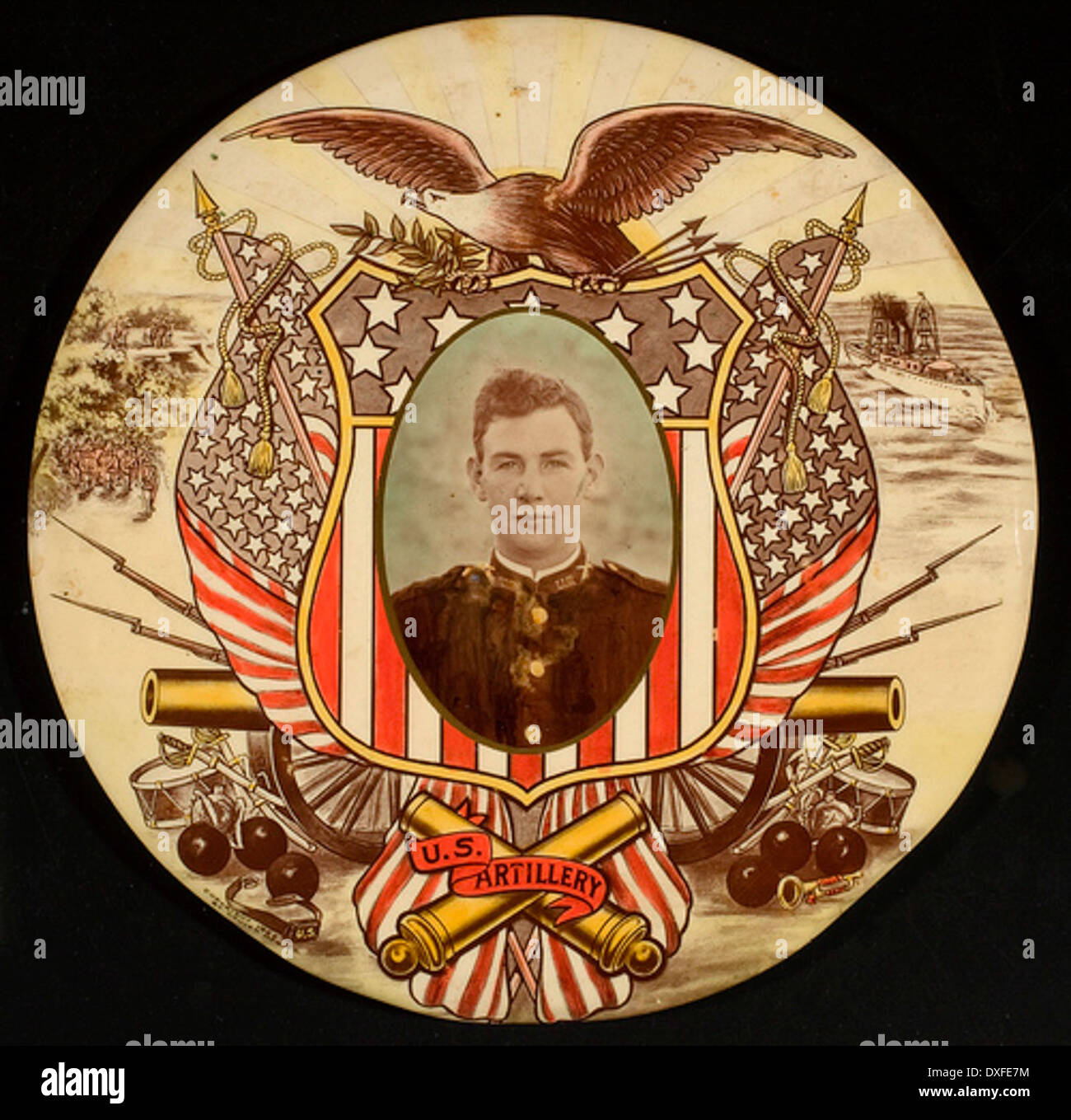 This historical photograph depicts a U.S. artillery soldier from the ...