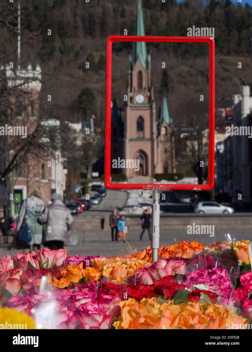 Drammen church and the Kirkegata street seen from the flower market in ...