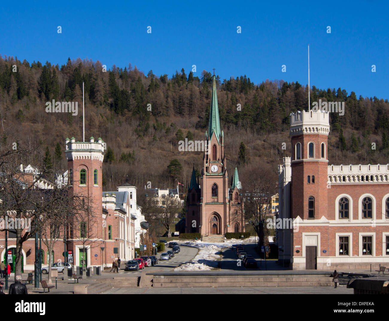 Drammen church and the Kirkegata street seen from Bragernes torg Norway ...