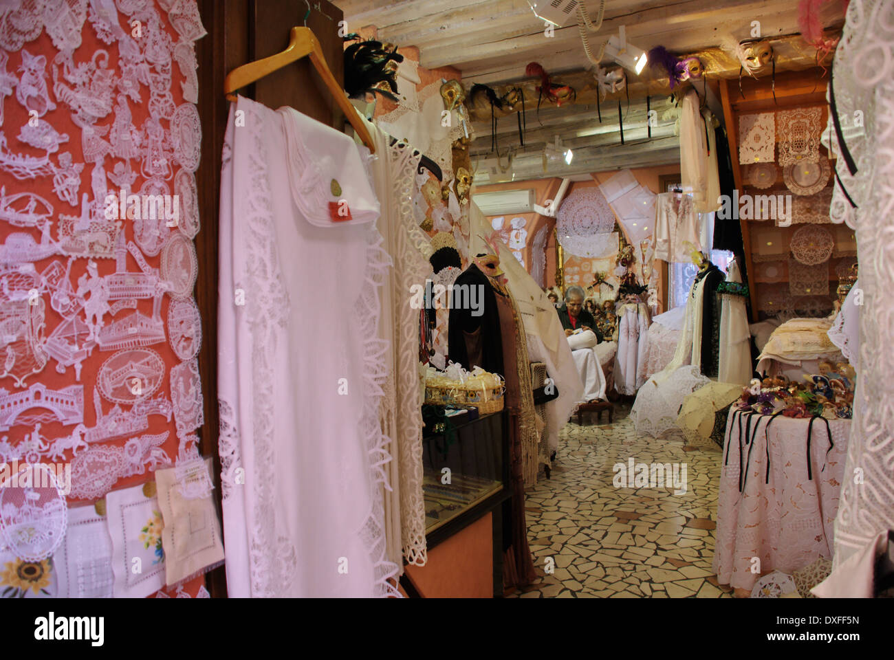 Italian lace being made in Burano, Italy, lace store with woman ...