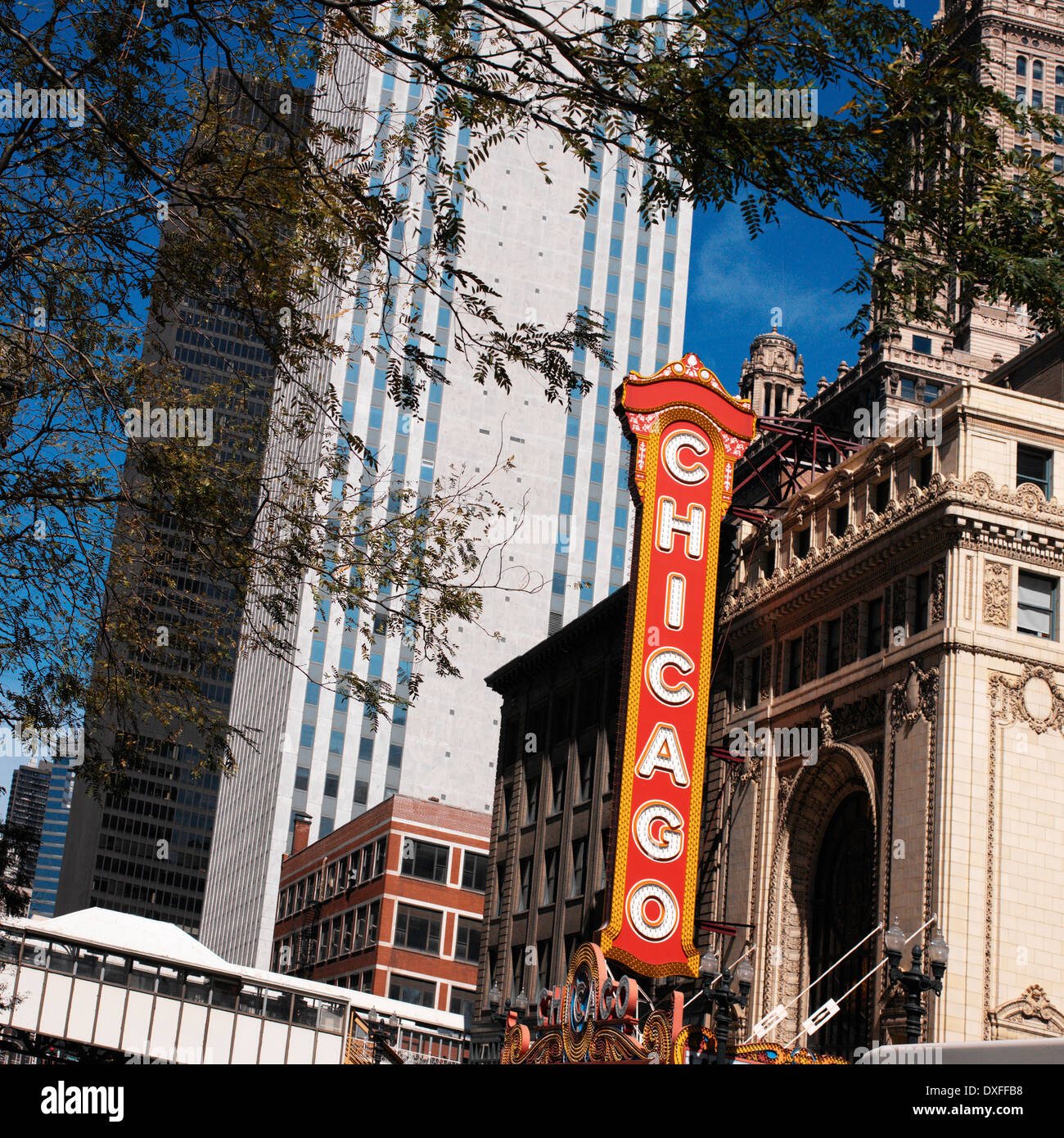 Theater sign in downtown Chicago in the state of Illinois in the United ...