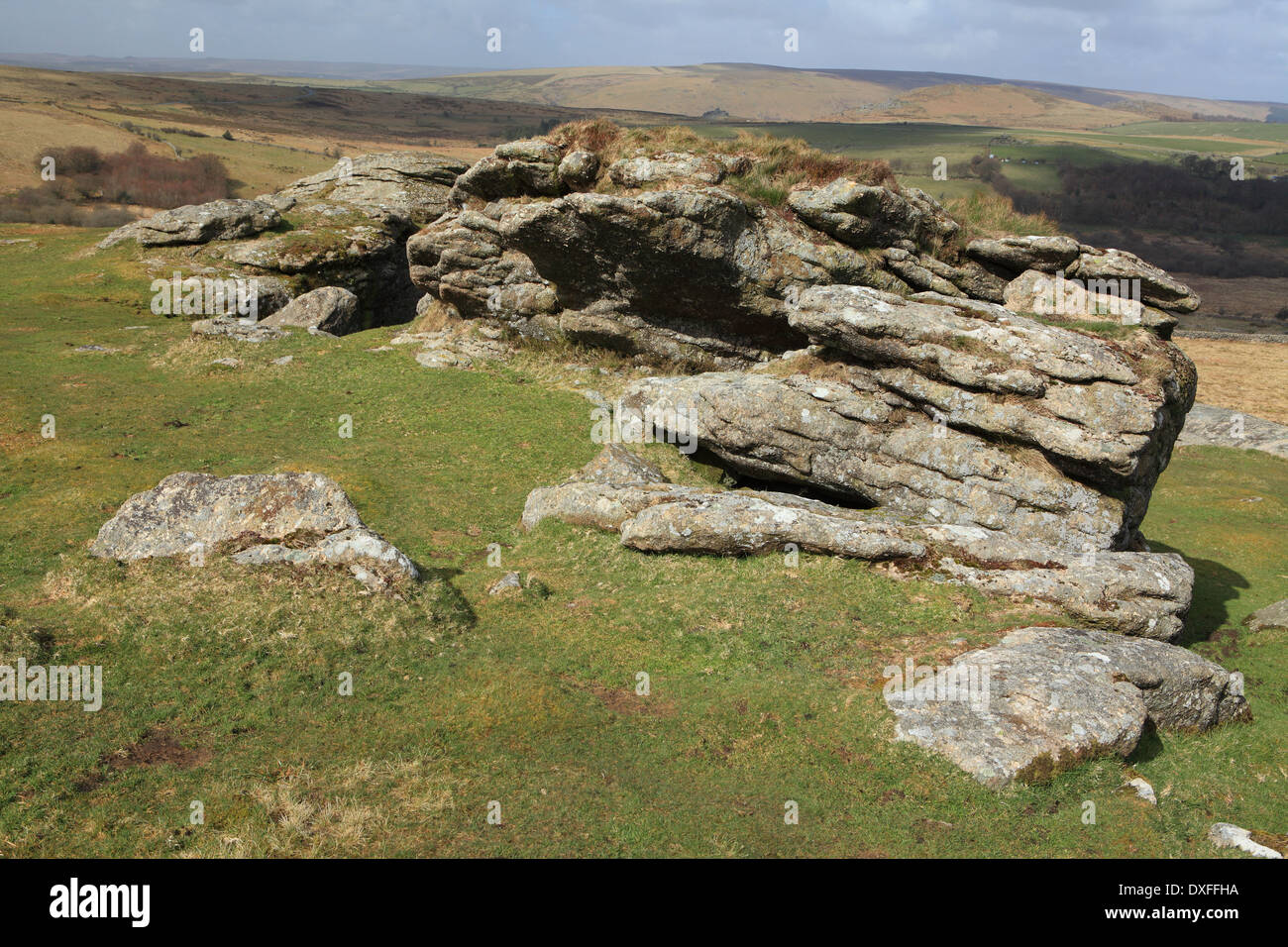Rock stacks on Saddle Tor in early Spring, Dartmoor, Devon, England, UK ...