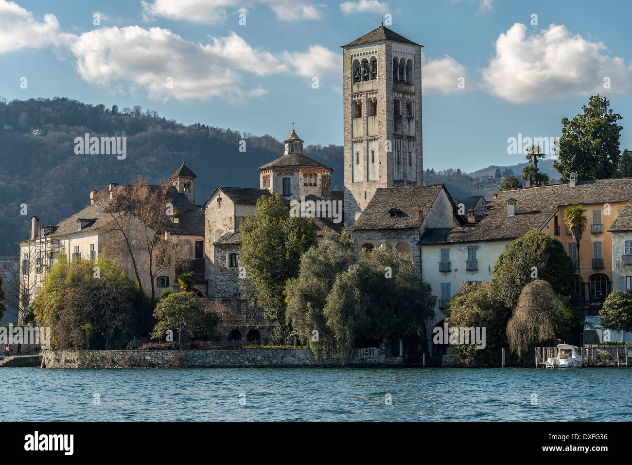 Glimpse of the Island of San Giulio with a view of the bell tower of ...