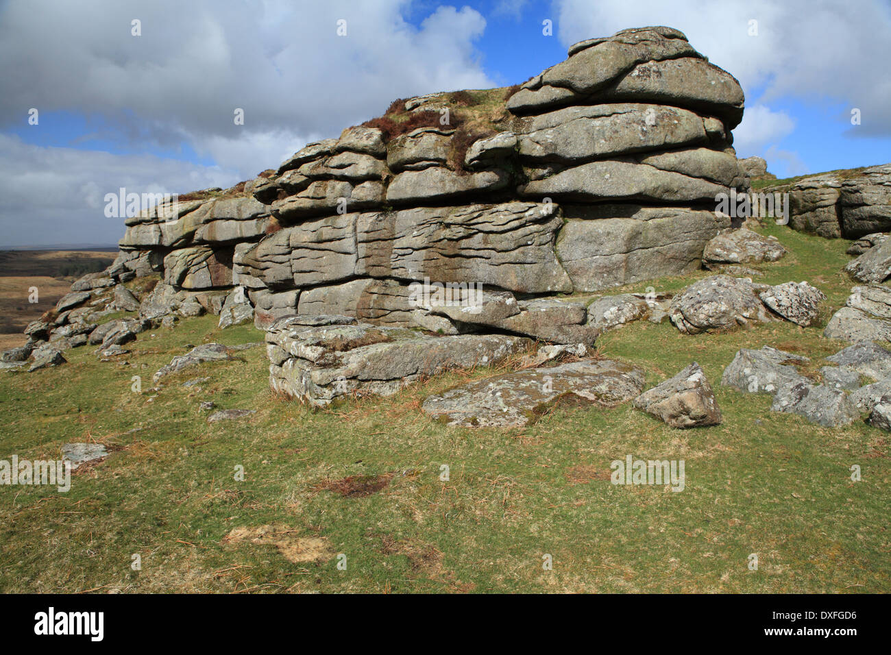 Rock stacks on Saddle Tor in early Spring, Dartmoor, Devon, England, UK ...