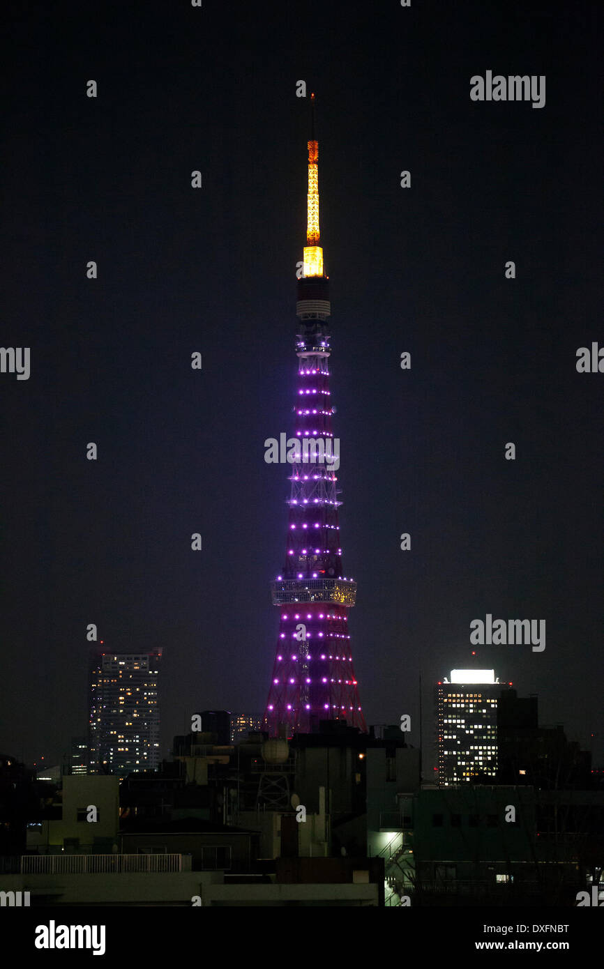 Tuesday. 25th Mar, 2014. Tokyo, Japan - Tokyo Tower has a special pink ...