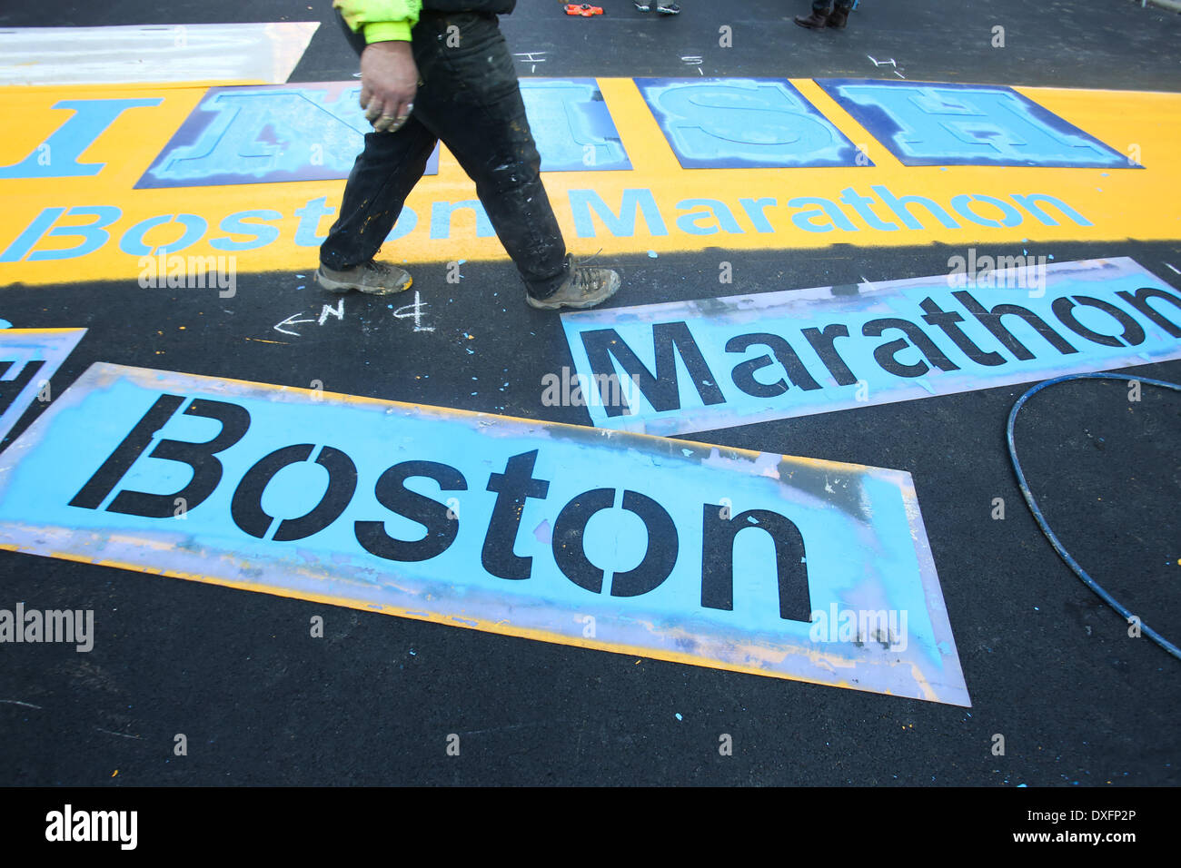 Boston, Massachusetts, USA. 25th Mar, 2014. The finish-line is readied ...