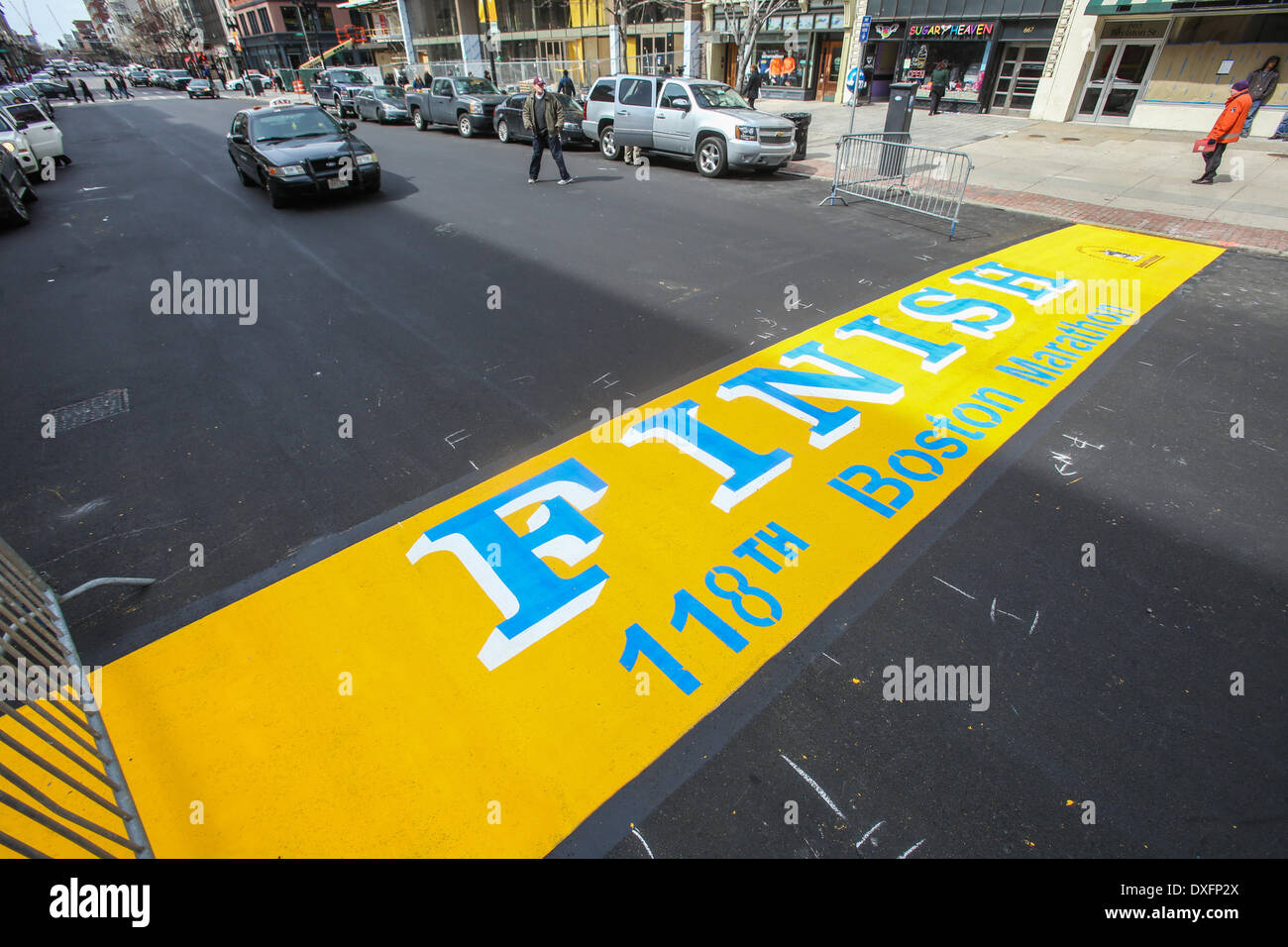 Boston, Massachusetts, USA. 25th Mar, 2014. The finish-line is readied ...