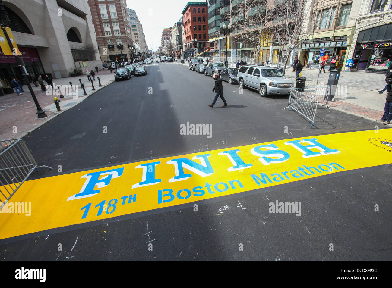 Boston, Massachusetts, USA. 25th Mar, 2014. The finish-line is readied ...