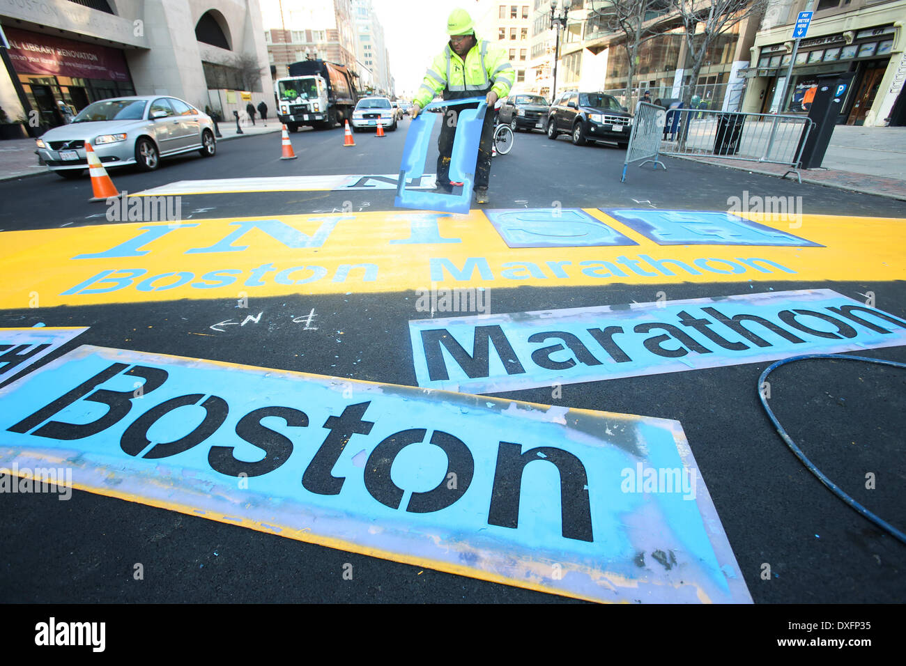 Boston, Massachusetts, USA. 25th Mar, 2014. The finish-line is readied ...