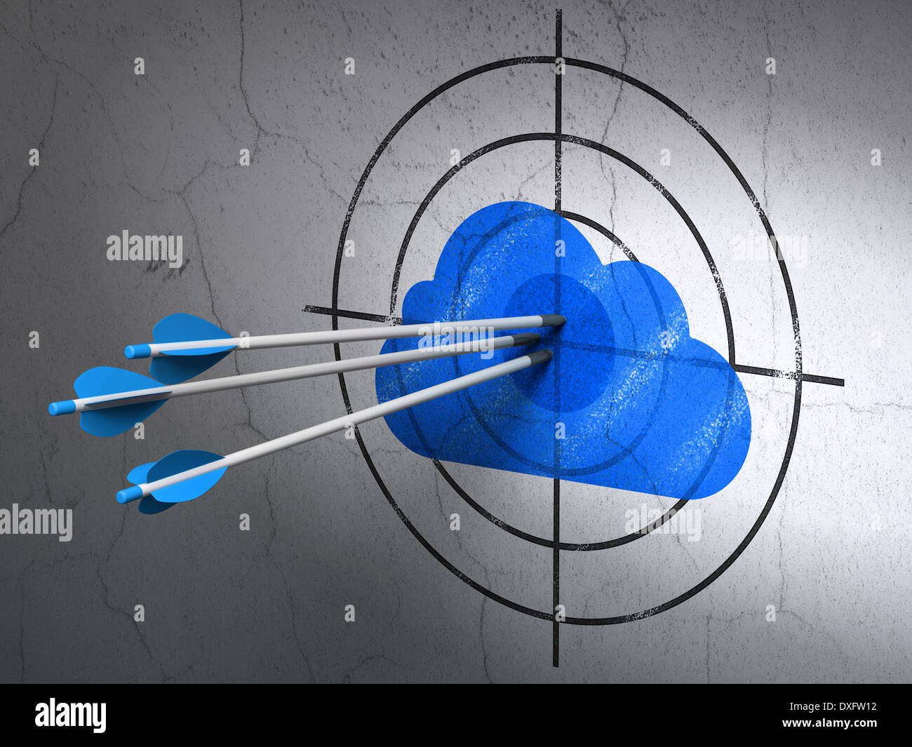 Cloud technology concept: arrows in Cloud target on wall background ...