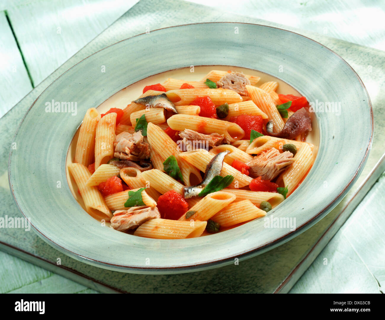 Plate Of Penne With Tuna And Capers Stock Photo - Alamy