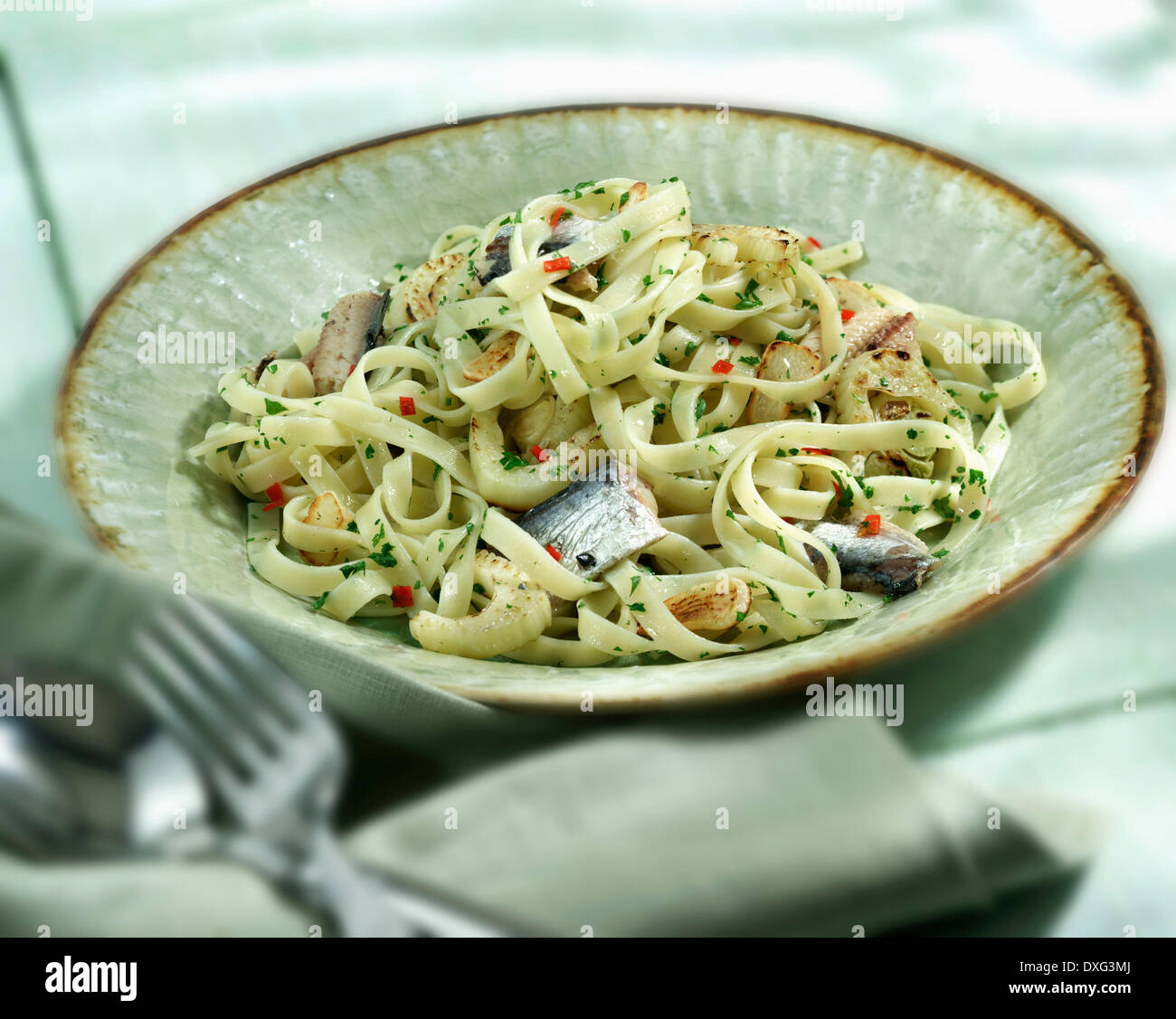 Plate Of Homemade Sardine Fettuccine Stock Photo - Alamy