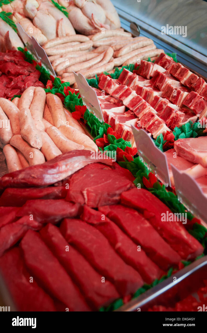 Refrigerated Meat Display In Butchers Shop Stock Photo - Alamy