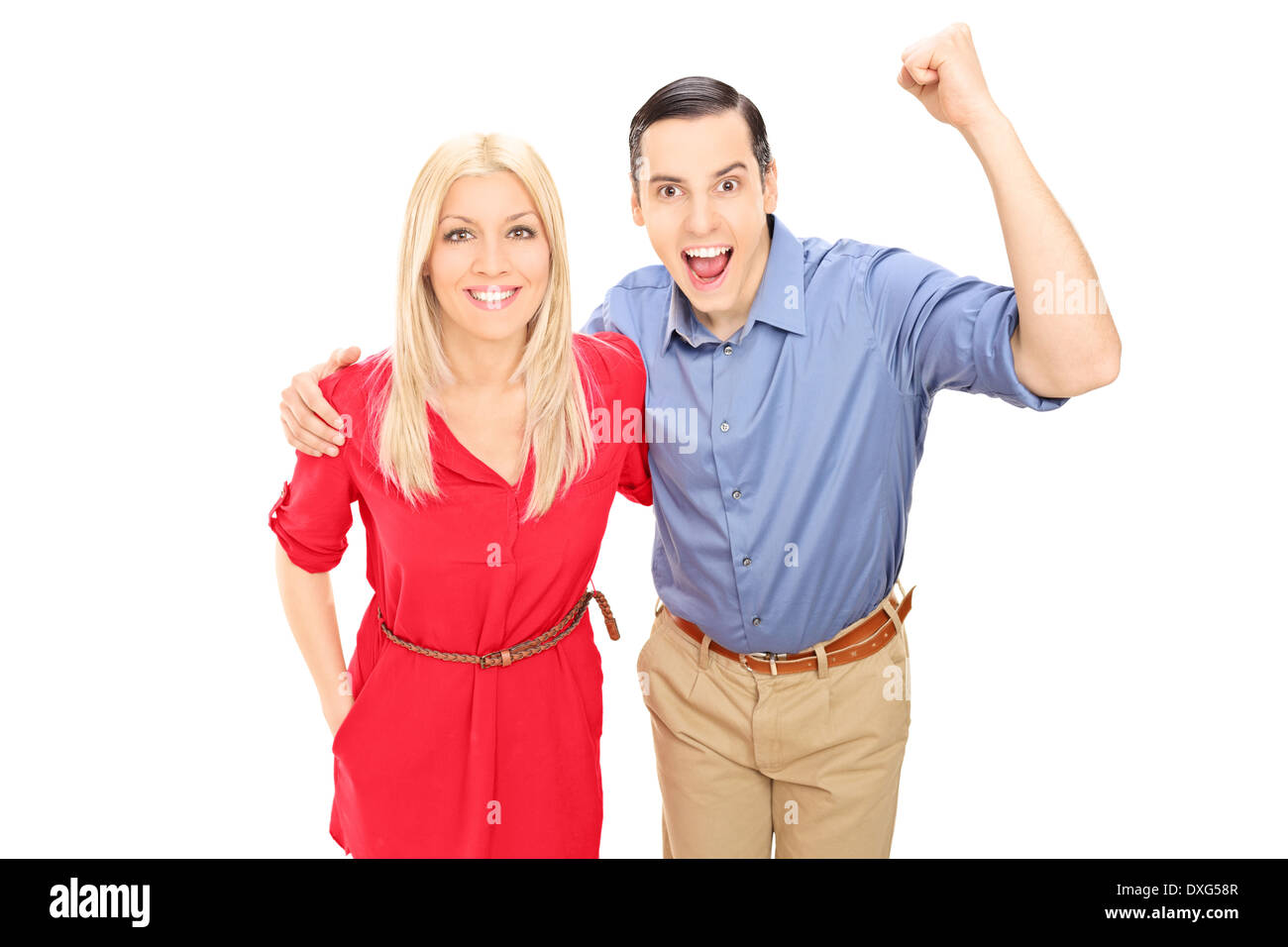 Young couple cheering Stock Photo - Alamy