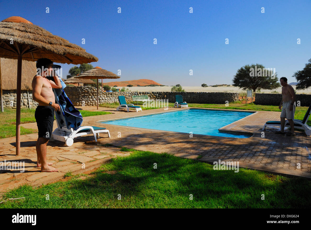 Swimming pool at Sesriem campsite, near Sossusvlei, Namib Desert ...