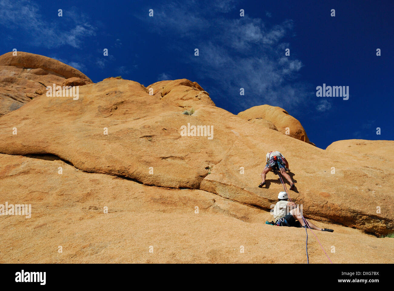 Climbing the first pitch of the normal route, high up on Spitzkoppe ...