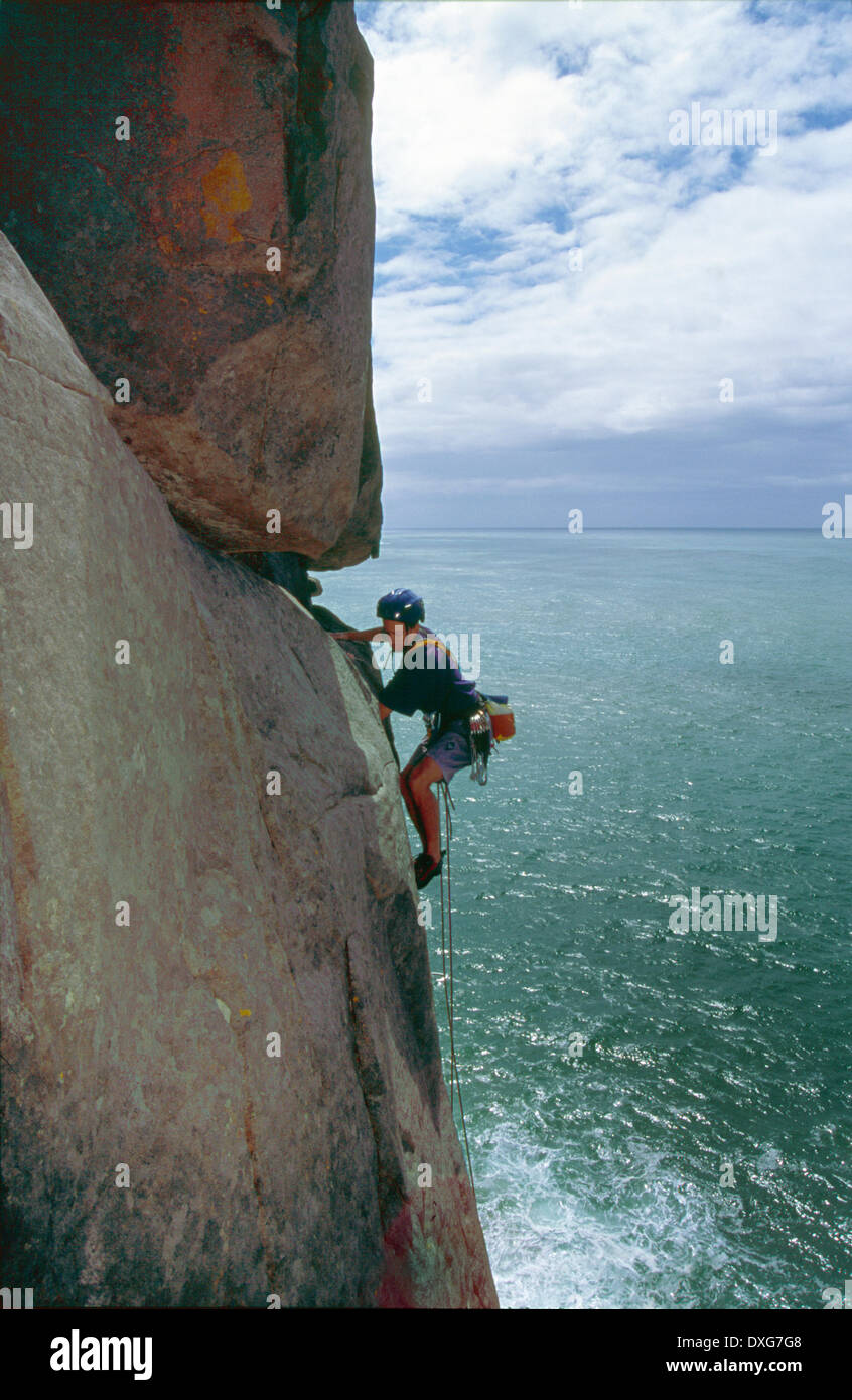 Rock Climber on sea cliffs at Morgan Bay Stock Photo - Alamy