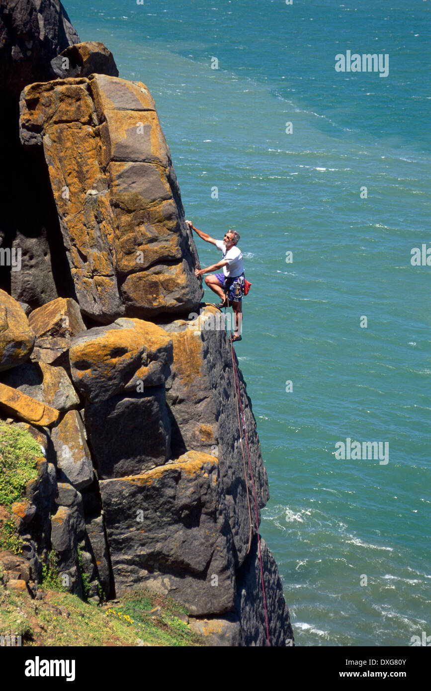 Rock Climber on sea cliffs at Morgan Bay Stock Photo - Alamy