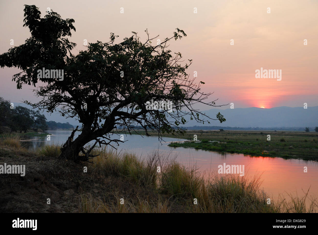 Sunset over the Zambezi River, Mana Pools National Park, Zimbabwe Stock ...