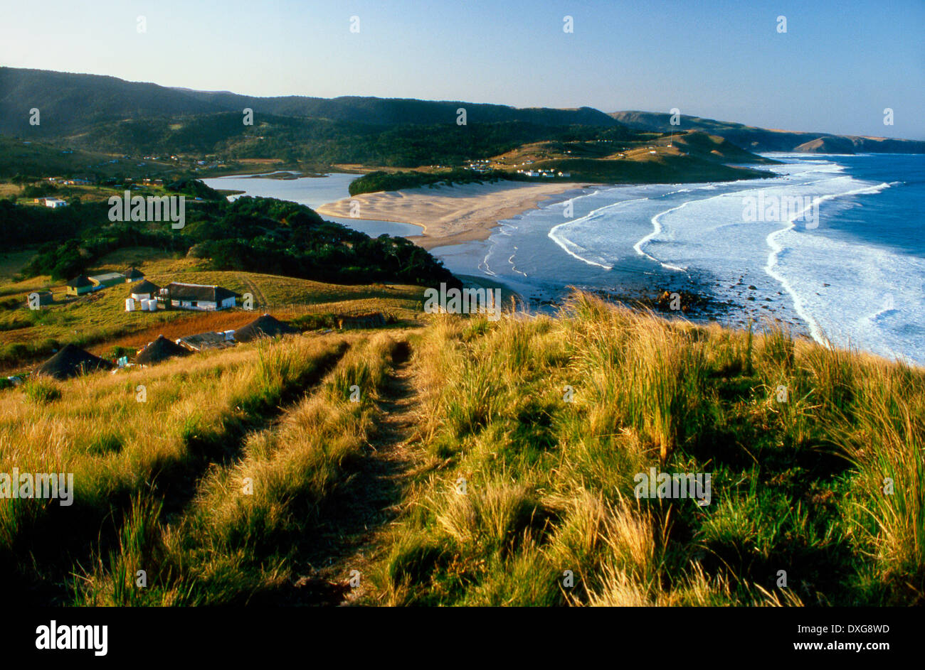 Late afternoon view over breakers in Mbotyi bay from coastal hills ...