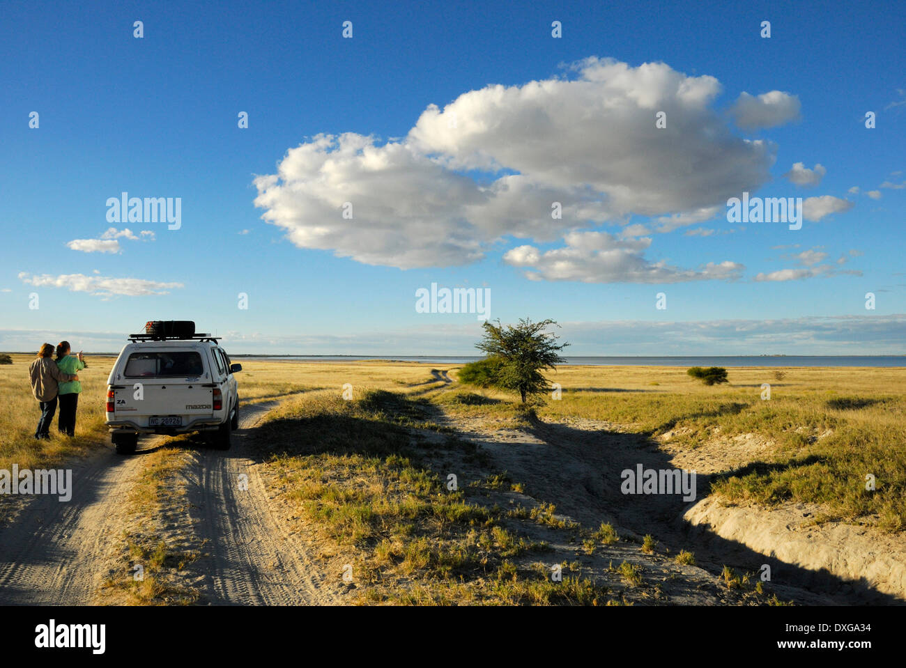 The track at the edge of the flooded Sowa Pan in the Makgadikgadi Pans ...