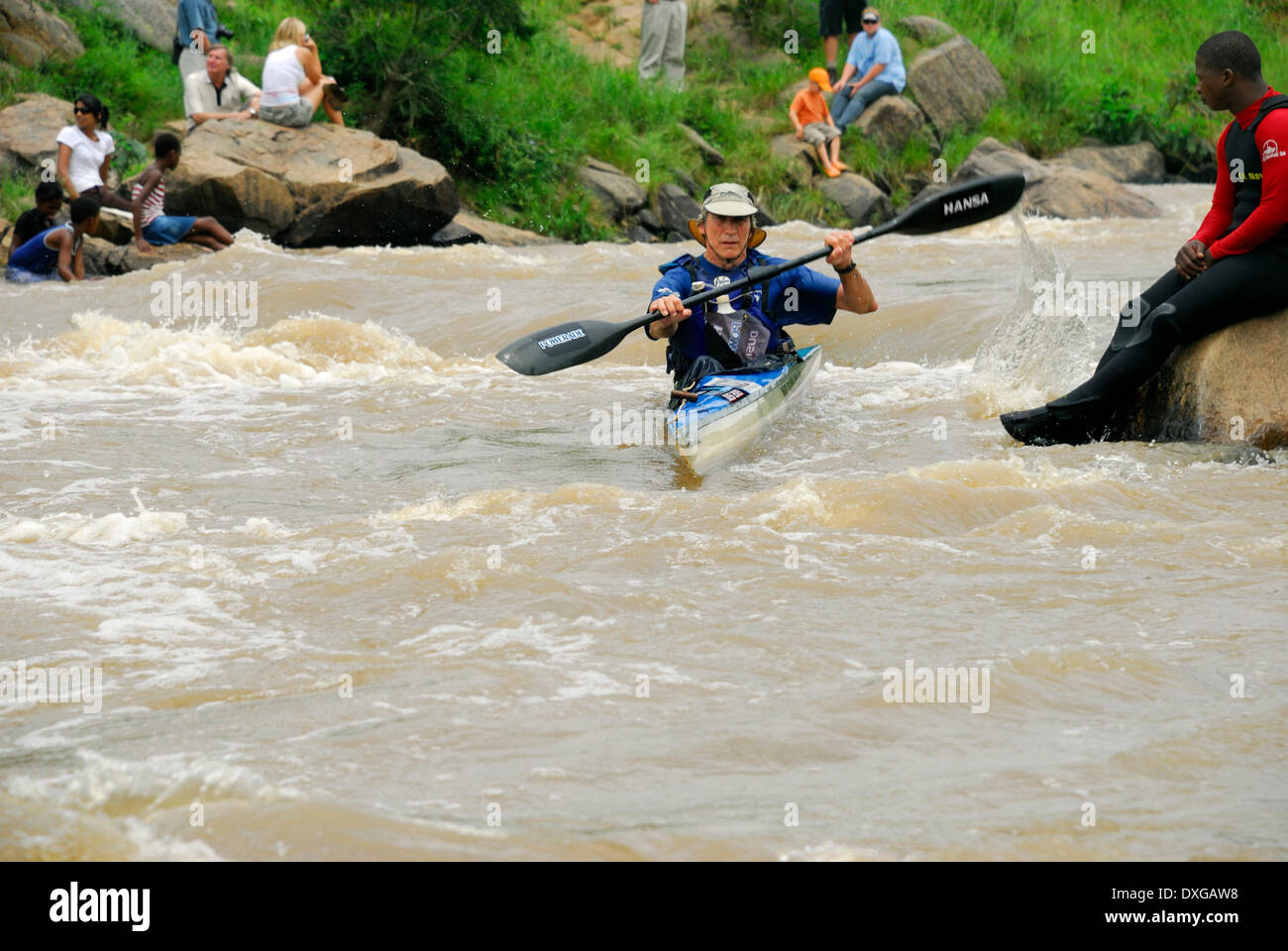 Paddlers negotiating Mission Rapid on the Dusi Canoe Marathon, Msunduzi ...