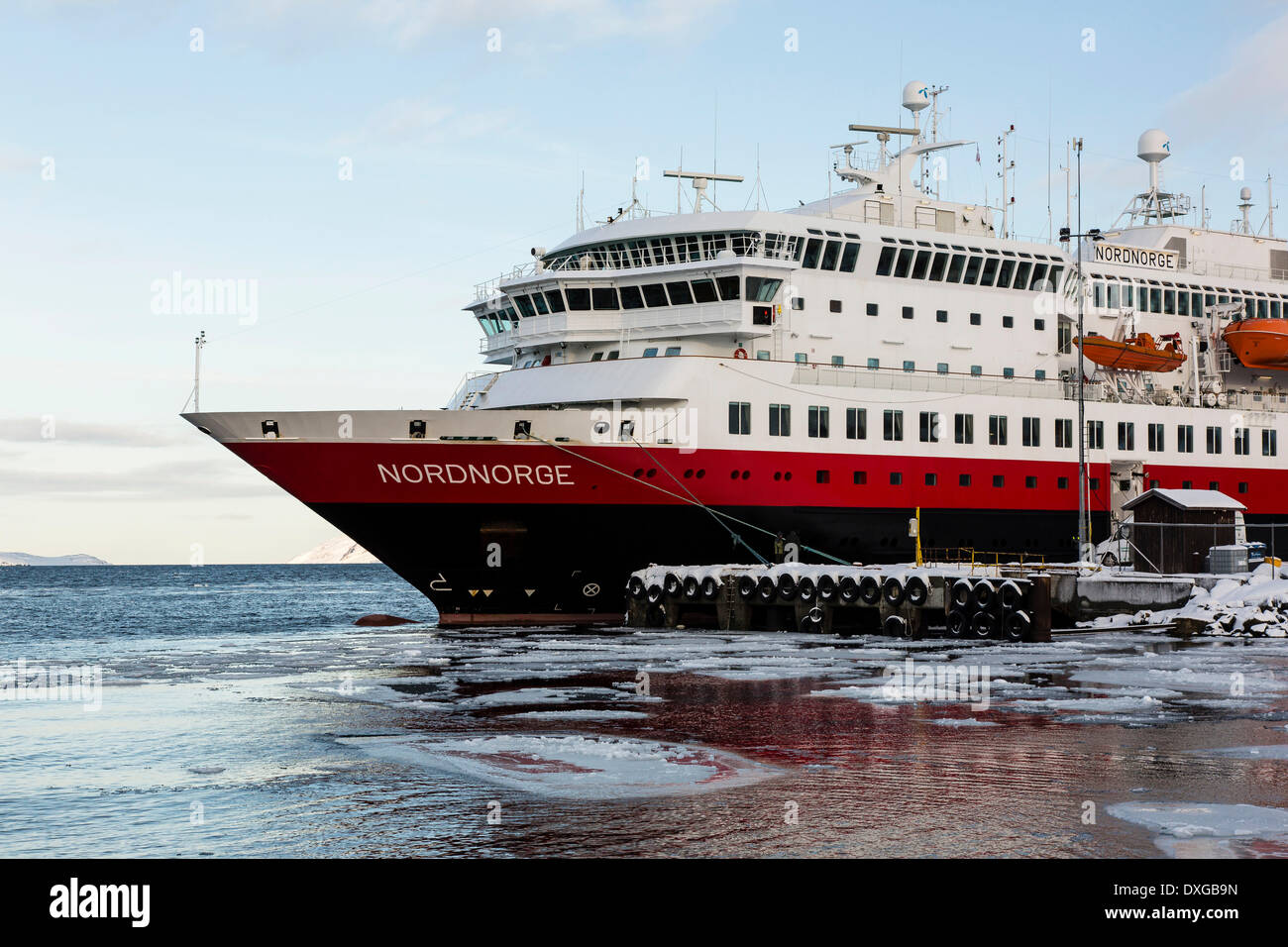 MS Nordnorge, passenger cruise ship in the Barents Sea, in the fjord of ...