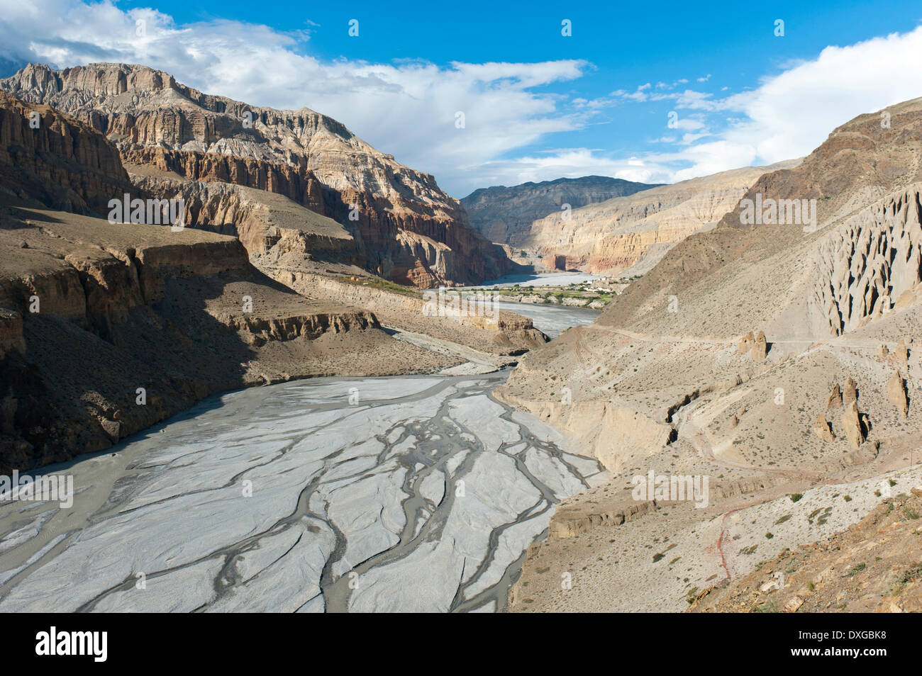 The Kali Gandaki valley, torrential stream in its gorge, erosion ...