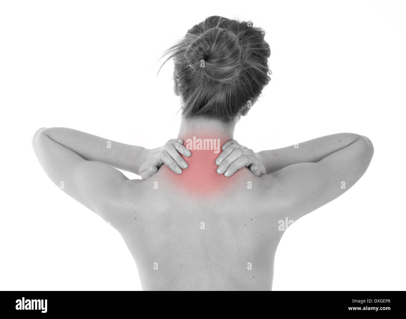 Young woman having nape and trapezius ache, isolated on white Stock ...