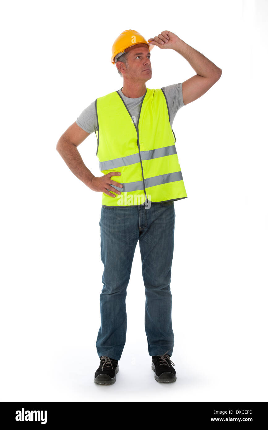 Construction worker wearing hard hat and vest Stock Photo - Alamy