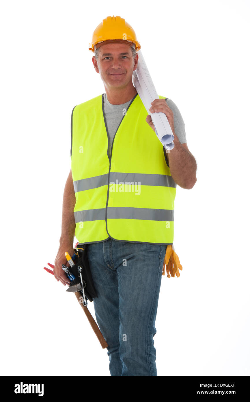Construction worker wearing hard hat and vest Stock Photo - Alamy