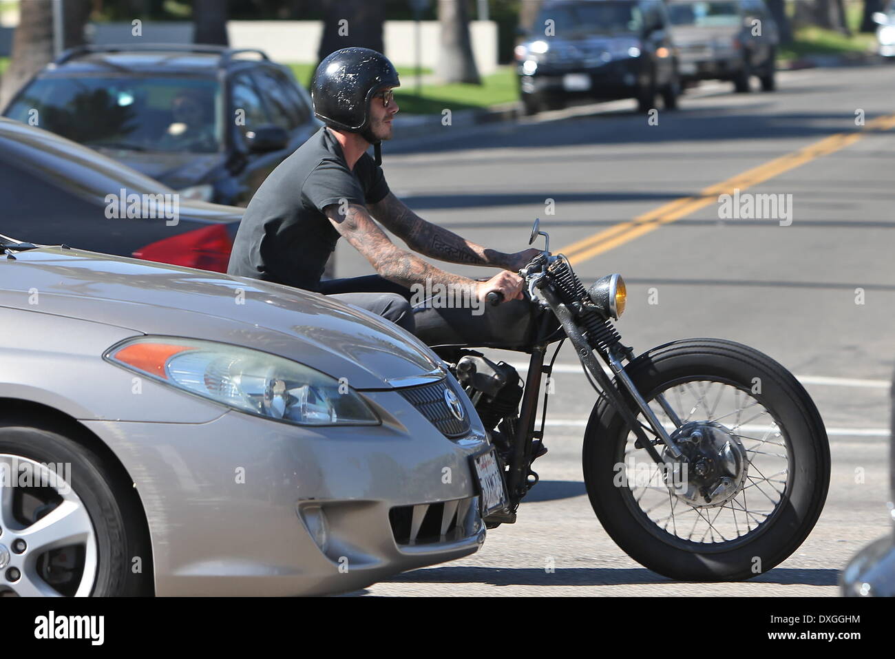 David Beckham takes his motorcycle for a ride in Beverly Hills Los ...