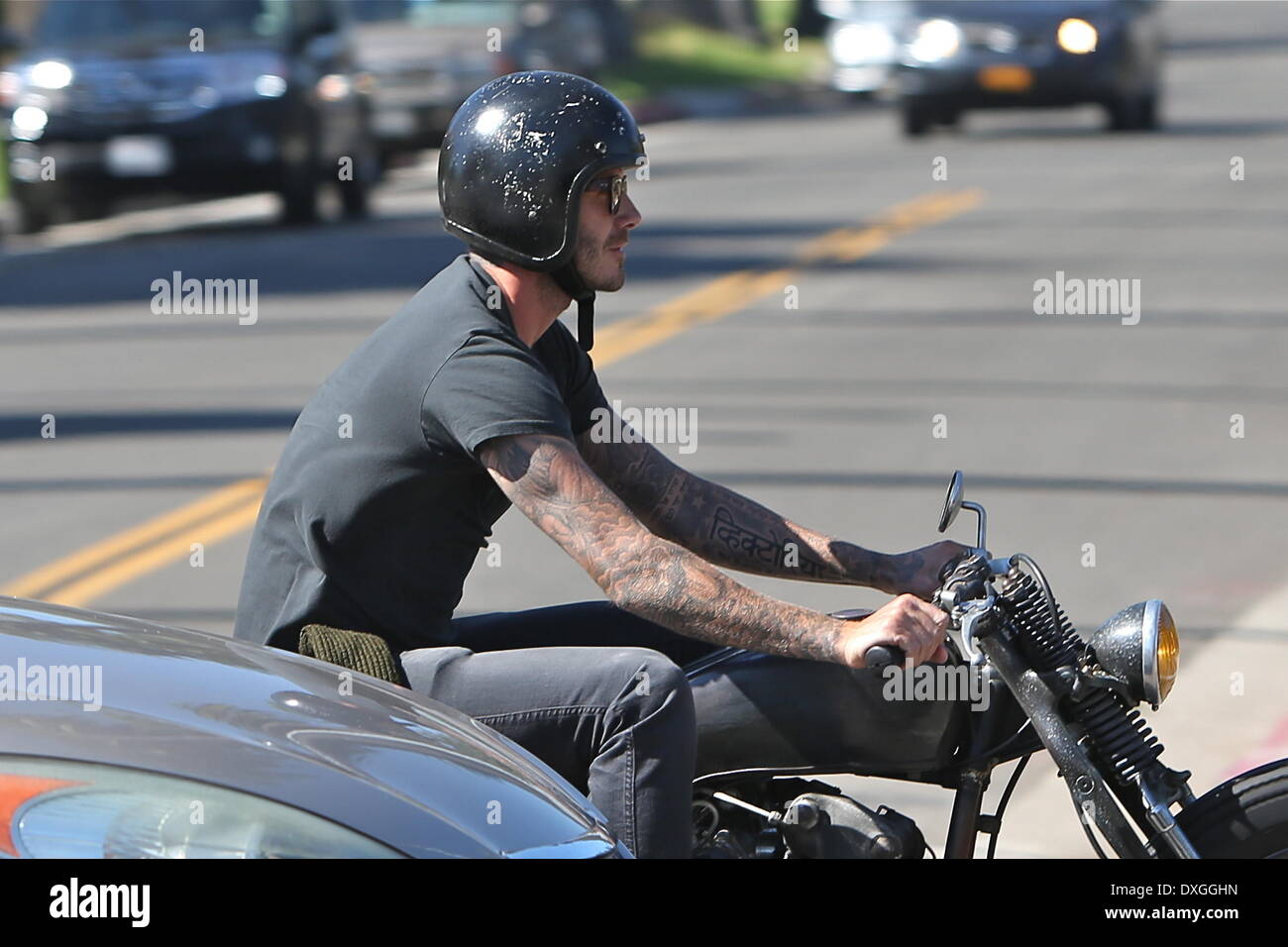 David Beckham takes his motorcycle for a ride in Beverly Hills Los ...