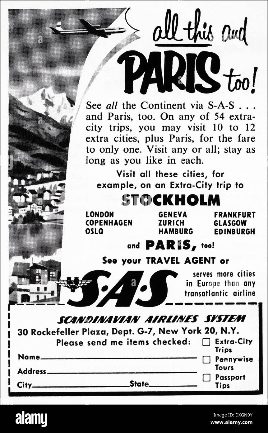 1950s advertisement for Scandinavian Airline System tourism advert in ...