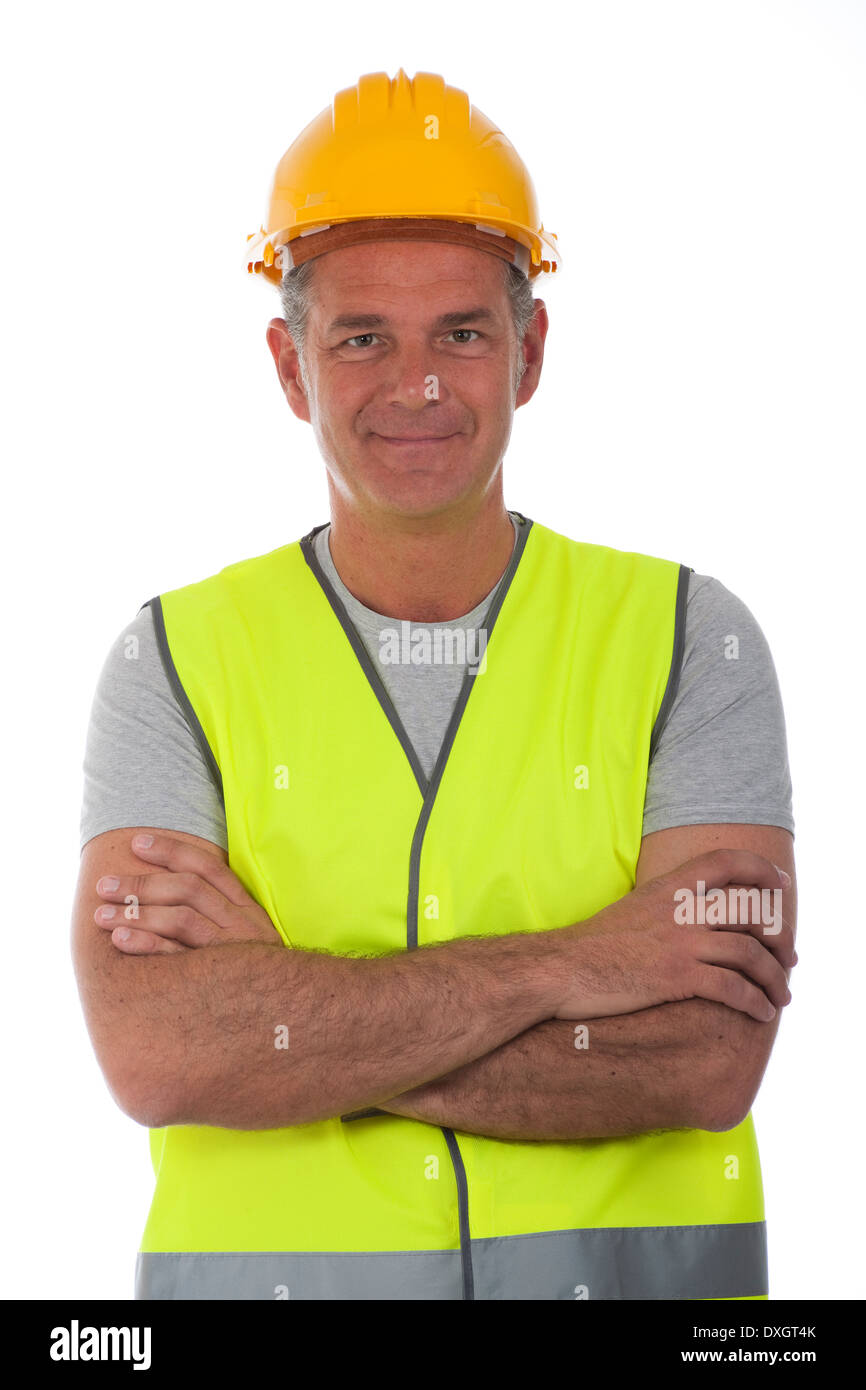 Construction worker wearing hard hat and vest Stock Photo - Alamy