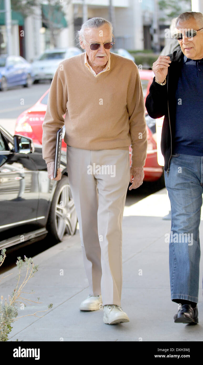 Stan Lee walking with a friend in Beverly Hills Los Angeles, California ...