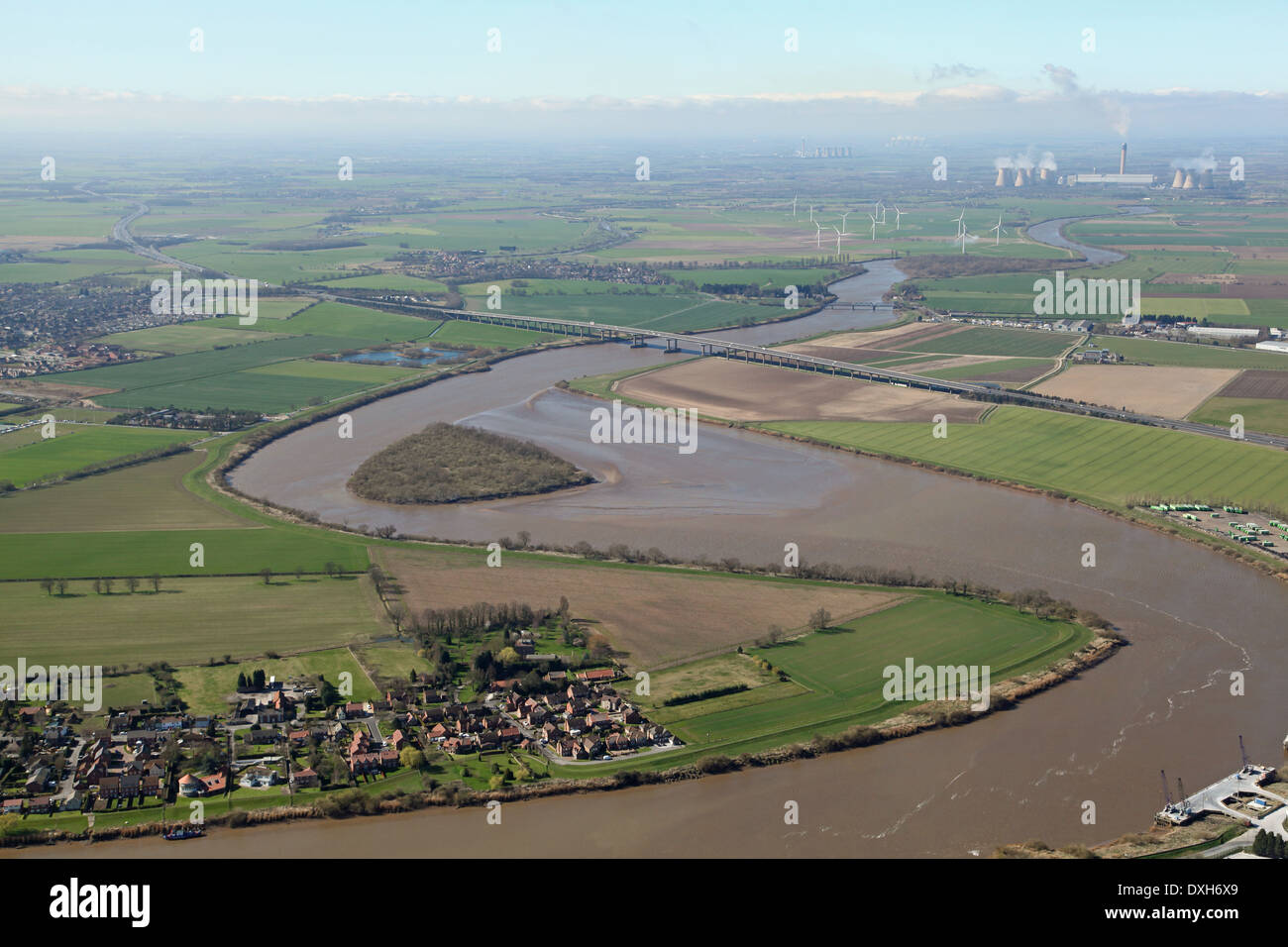 aerial view of Howden Dyke Island near Goole, in the River Ouse ...