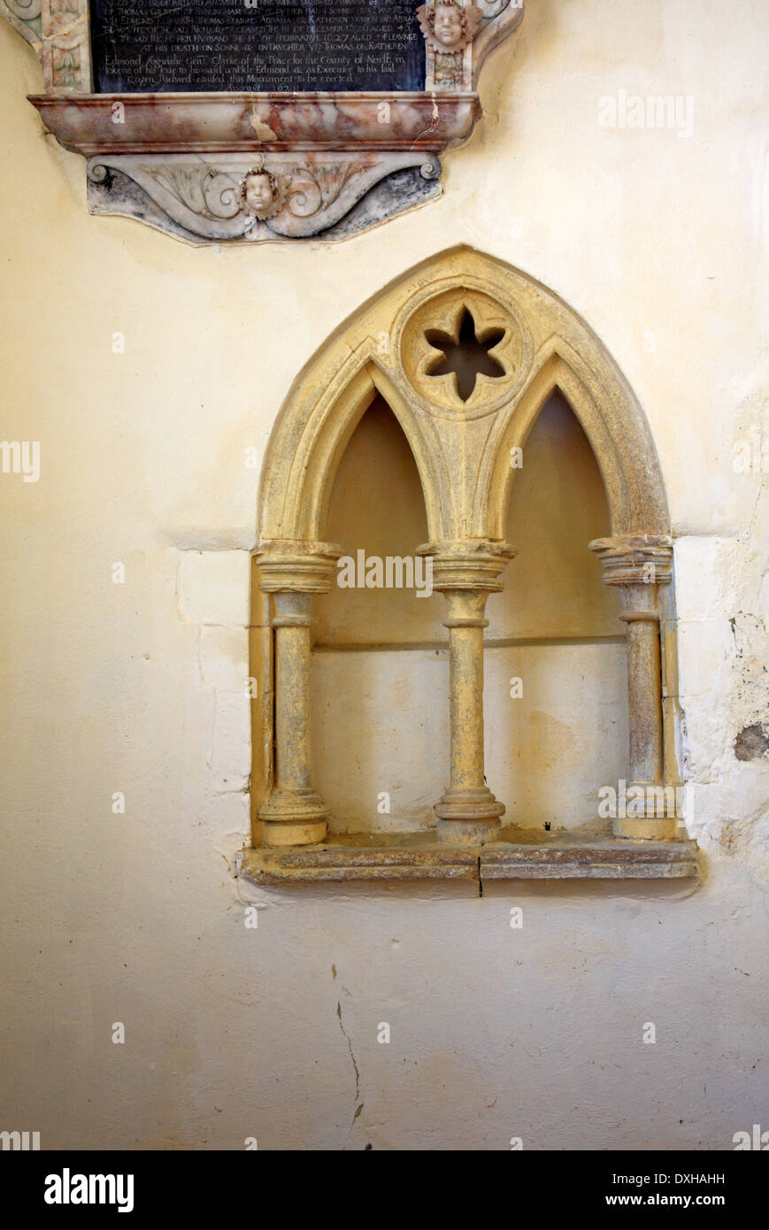 A double piscina in the church of St Mary at Moulton, Norfolk, England ...
