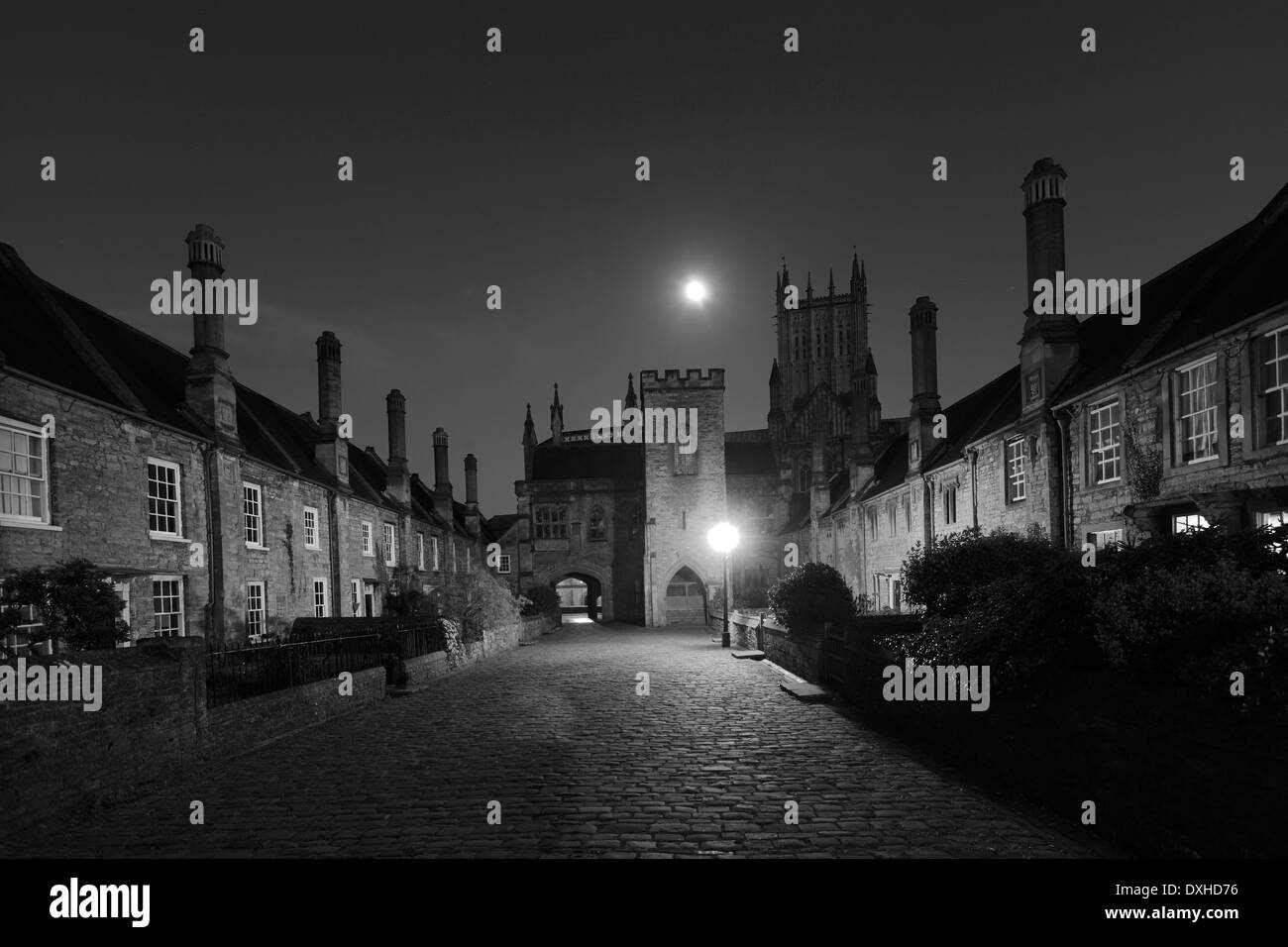 The Vicars Close, old medieval street at night, Cathedral church of St ...