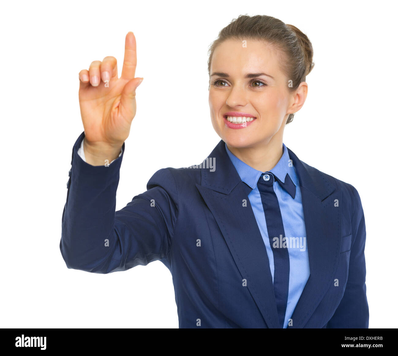 Happy business woman pushing button in the air Stock Photo - Alamy