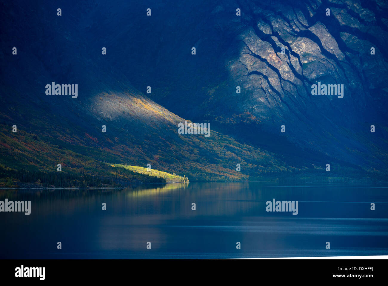 a late shaft of sunlight on Tutshi Lake, British Columbia, Canada Stock ...