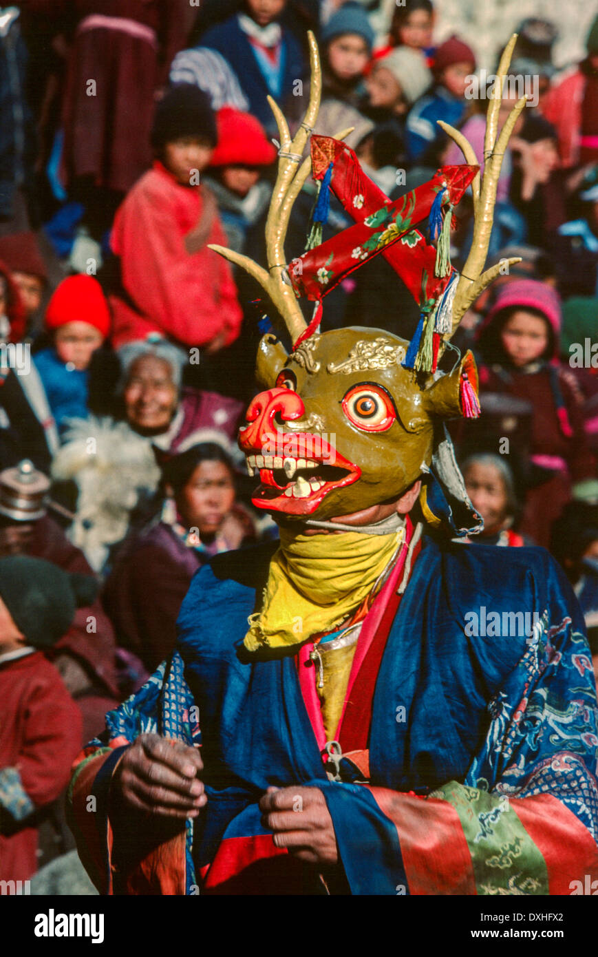 Ladakh Stok monastery Cham dance stag mask dancer crowds people ...