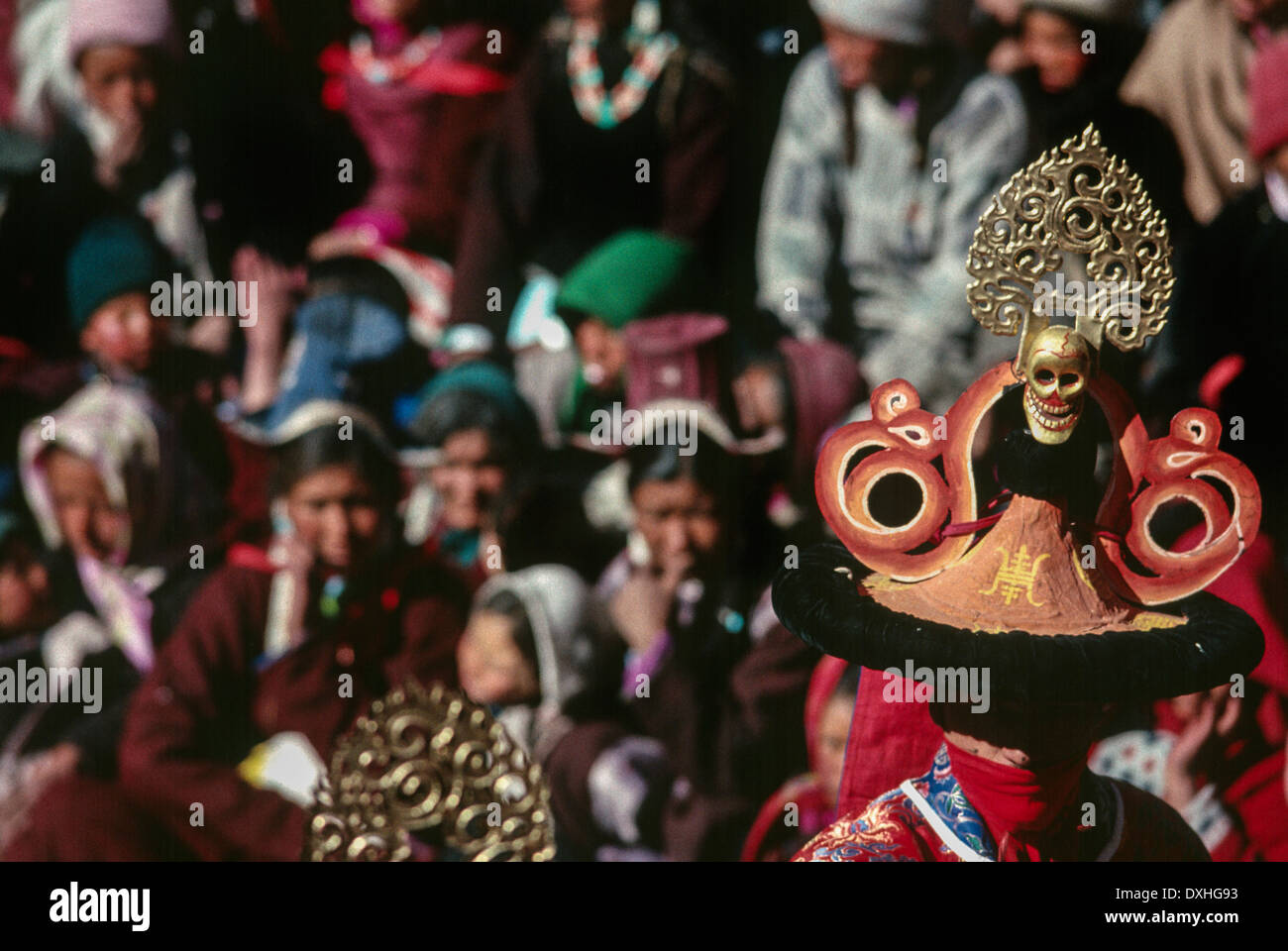 Monks dance the Black hat dance in a Cham ceremony in a monastery in ...